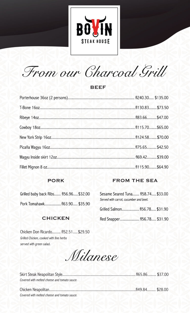 Menu – Bovin Steak House – St. Maarten